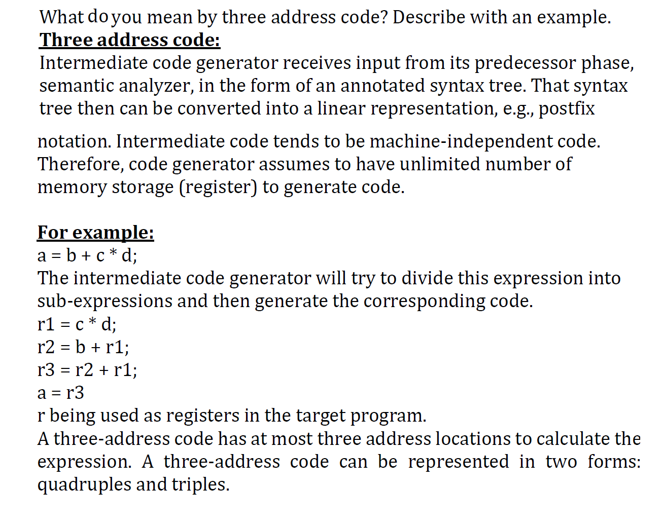 What Do You Mean By Three Address Code Describe With An Example M M R Cse