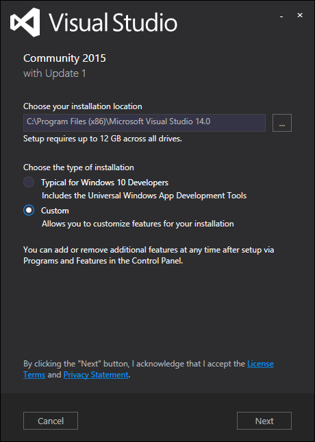 We can make custom installation of visual studio 2015 only for Windows ...