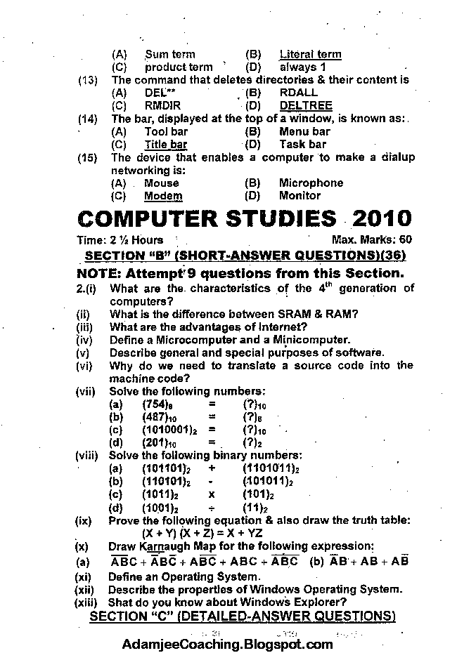 Adamjee Coaching IX Computer Studies Past Year Paper 2010 adamjee-coaching-ix-computer-studies-past-year-paper-2010