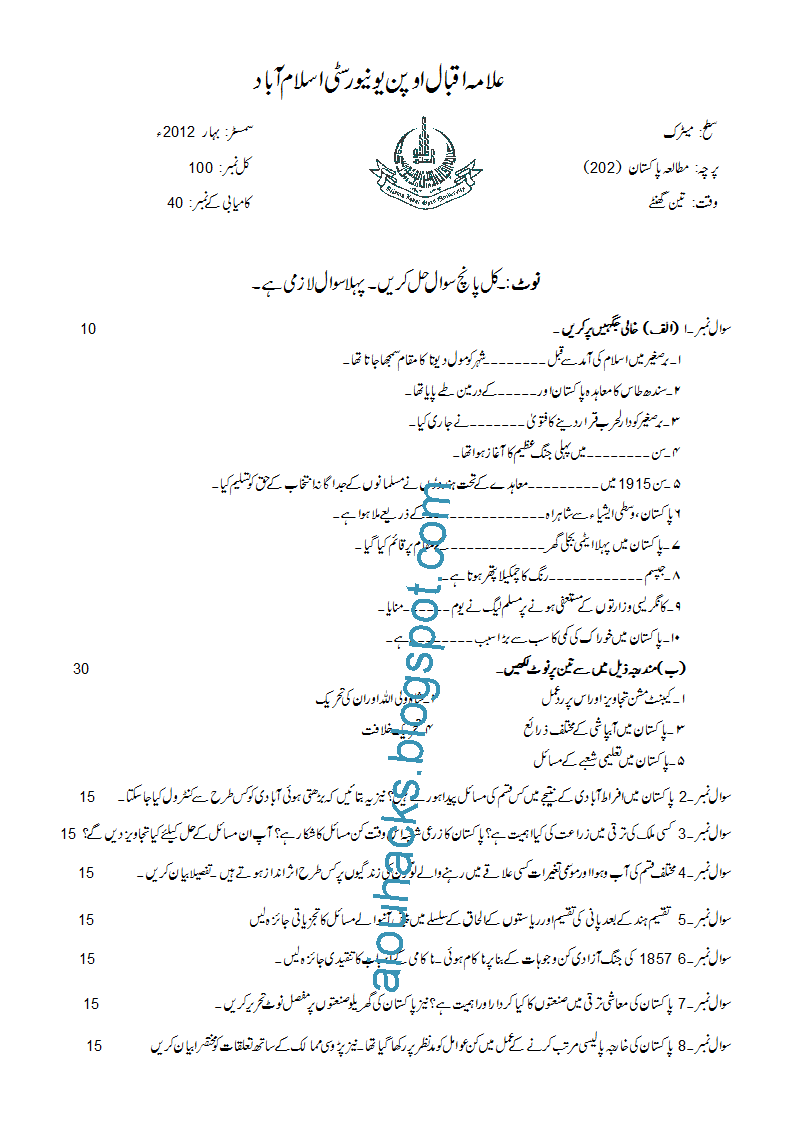 Matric Past Paper PakStudies202 2012Spring