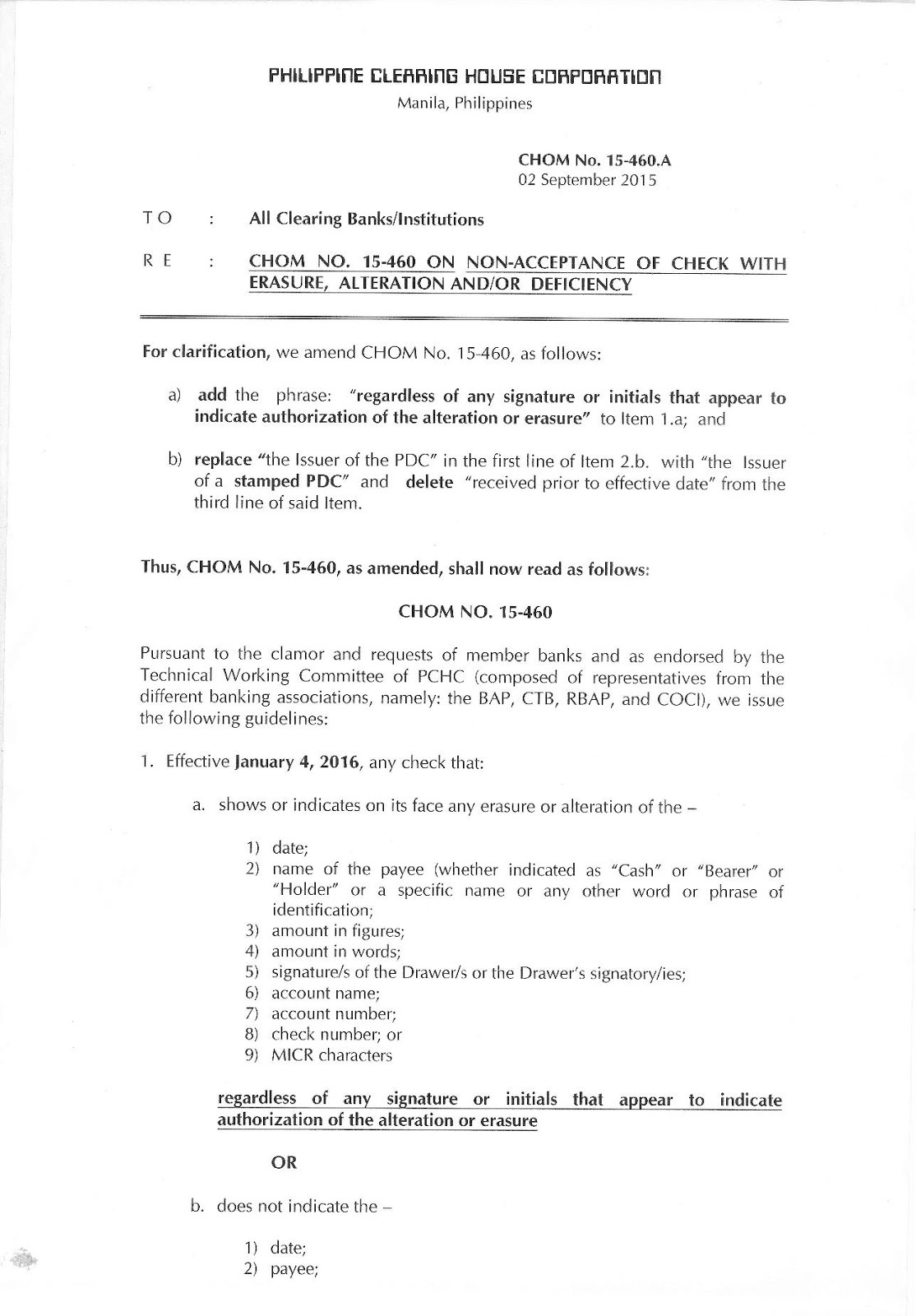 My Opinion/Review: PCHC: Non-Acceptance of Check with Erasure ...