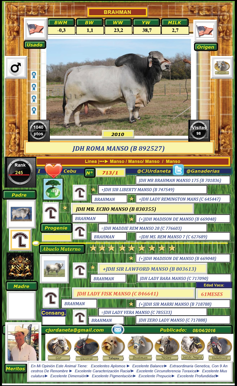 CEBÚ ♥ ♥ ♥ ZEBÚ♔♕♖♗♘ LA PASIÓN POR EL #CEBÚ #ZEBU: JDH ROMA MANSO (B 892527) ★★★★★ |••• RAZA: # ...