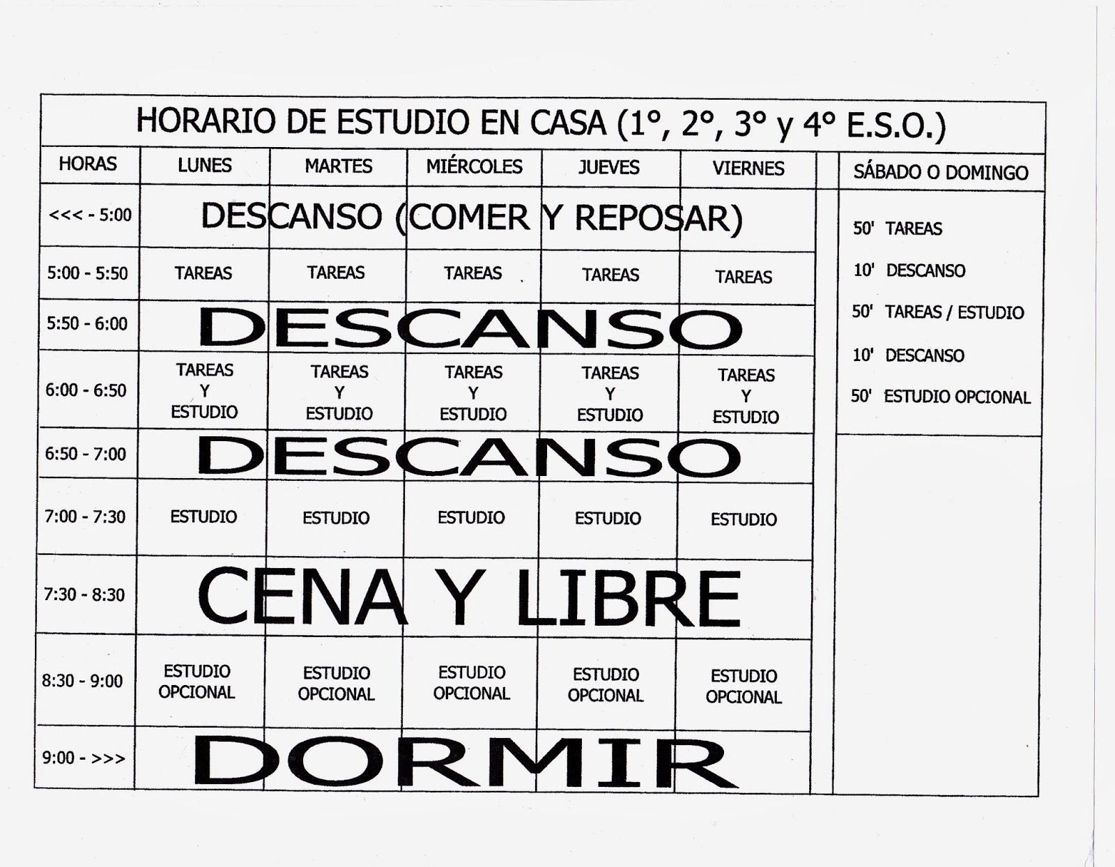 TAREAS Y TRABAJOS DE 1B: HORARIO DE ESTUDIO