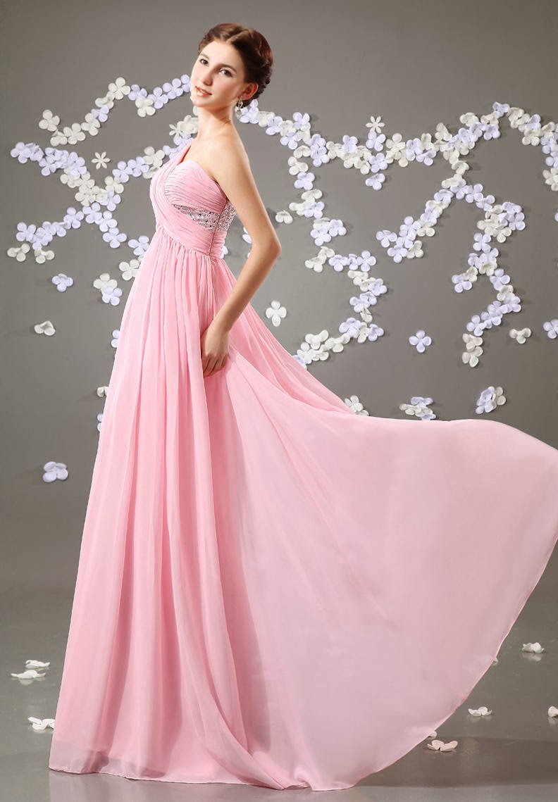 LilacFashion: One Shoulder Beaded Chiffon Pink Princess Prom Dress