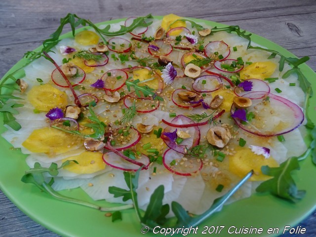 Cuisine en folie: Carpaccio de navet long, carotte jaune et radis ...