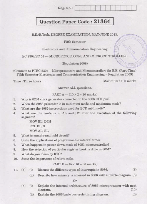 EC2304 Microprocessors and Micro Controllers May June 2013 Past Exam ...