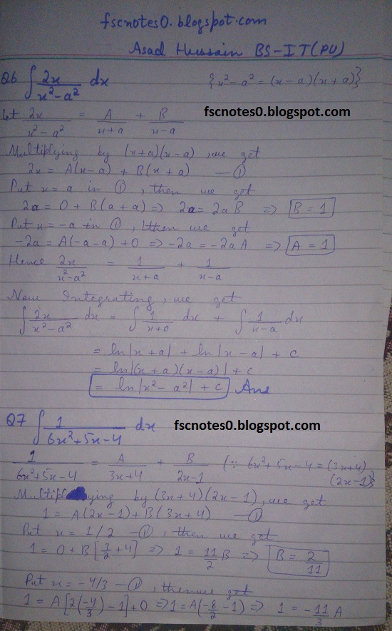 FSc ICS Notes Math Part 2 Chapter 3 Integration Exercise 3.5 question 1 ...