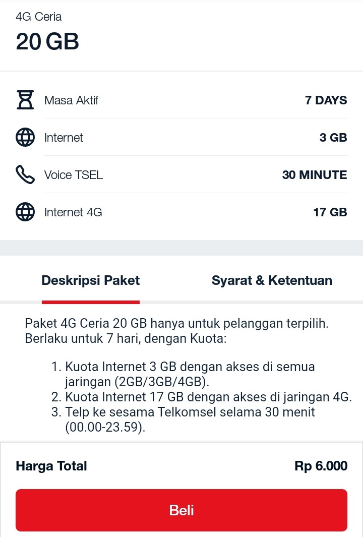 Paket Combo Sakti Internet Telkomsel Paket 4G Ceria 20GB Harga Rp.6Ribu ...