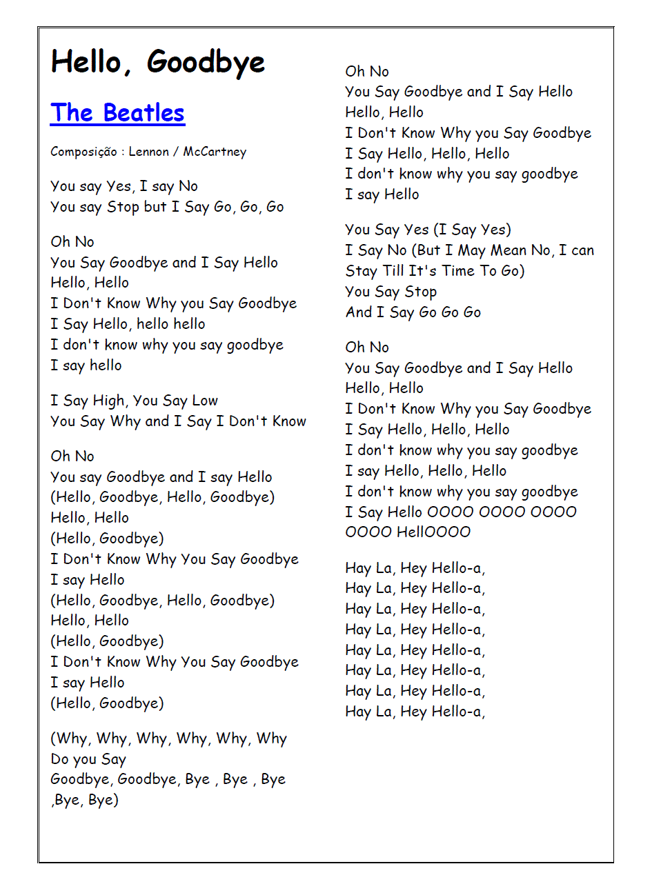 Atividades de Inglês: Hello Hello - The Beatles