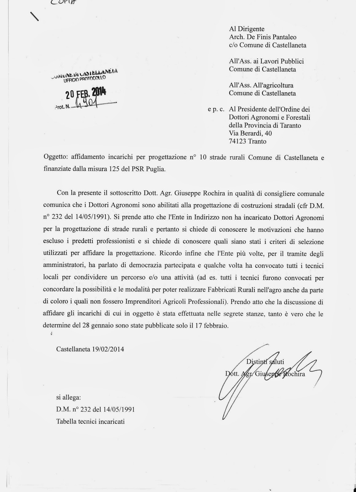 Giuseppe Rochira : lettera indirizzata al Comune di Castellaneta e all ...