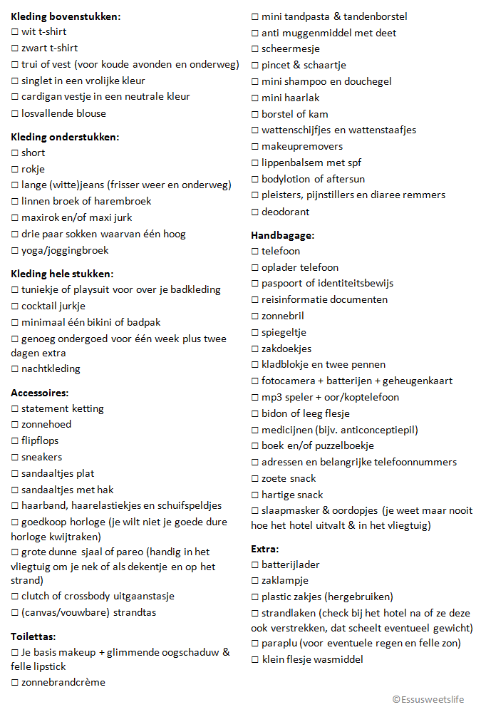 Essusweets Life Checklist Zonvakantie Van één Week