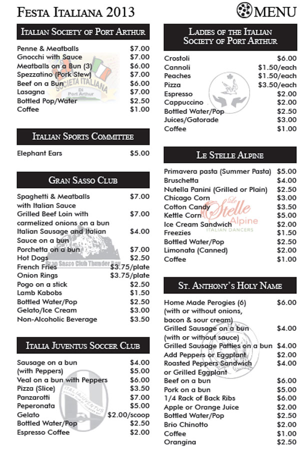 NetNewsLedger: FESTA ITALIANA FOOD MENU