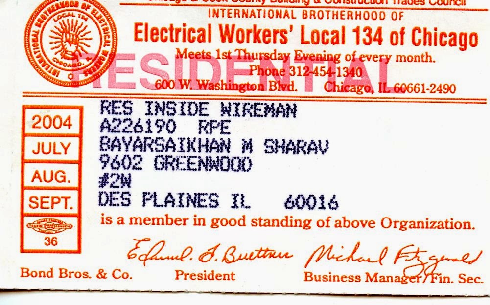 Electric Work: I.B.E.W. Union Local Number 134 Membership Card