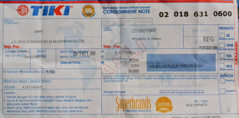 Kerambit Bukittinggi: Resi Pengiriman Tiki
