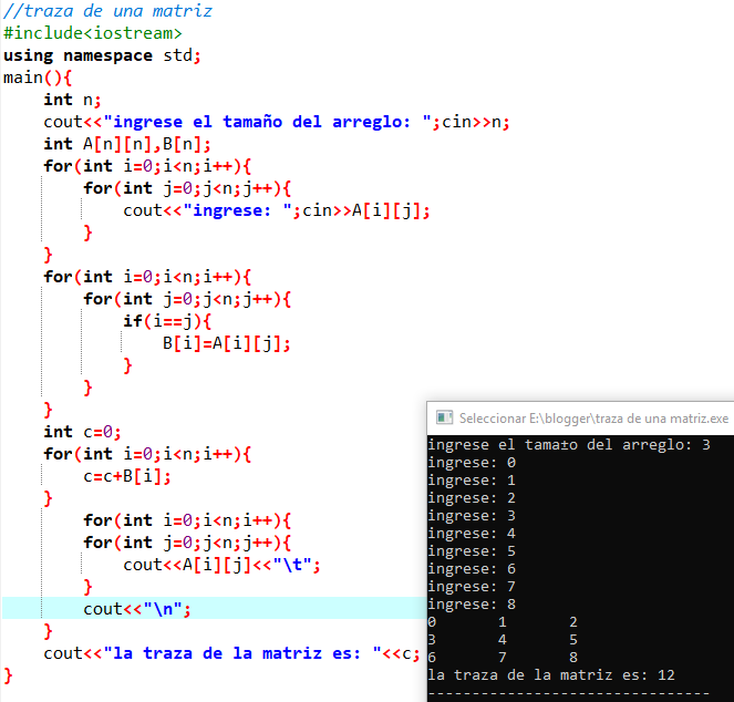 solución de algoritmos código c++ y java: traza de una matriz en c++