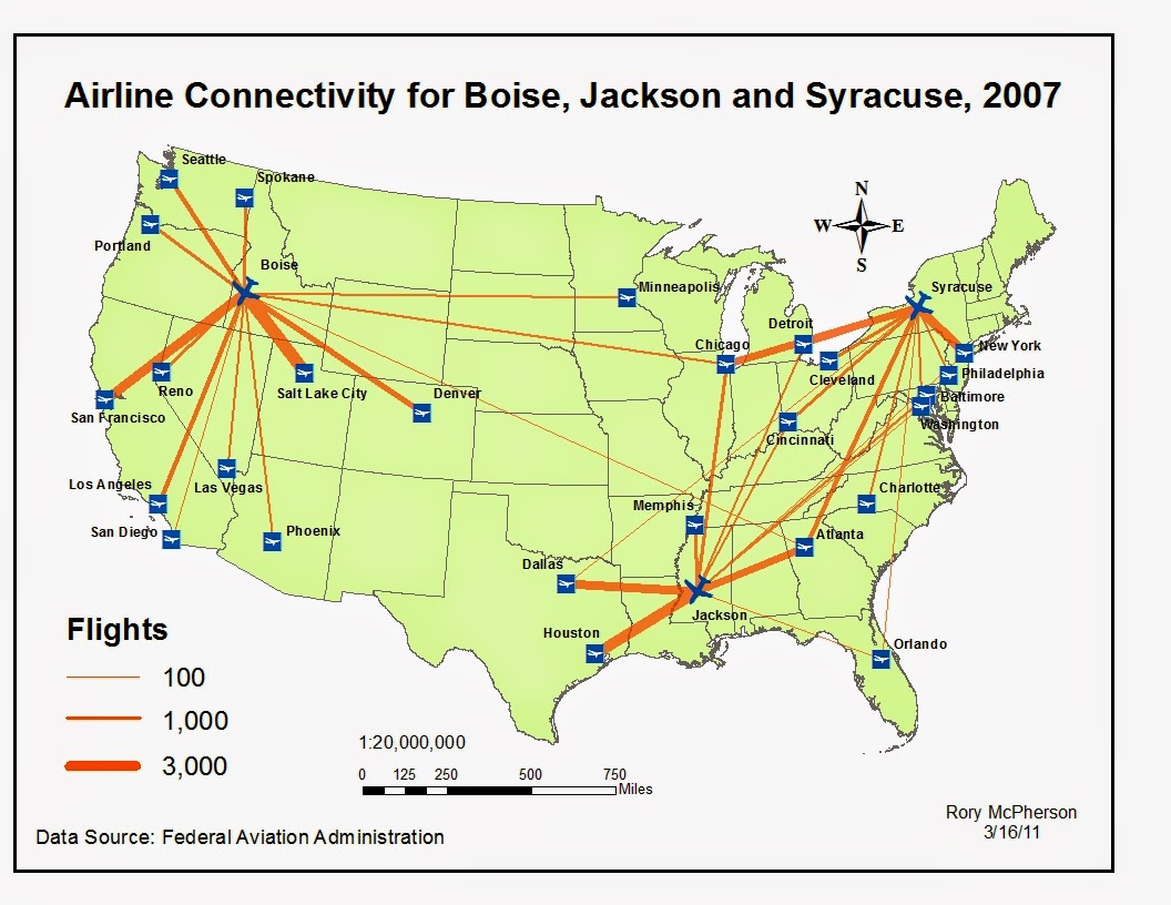 Map Catalog GIS 3015: Flow map - Airline connectivity in Boise, Jackson and Syracuse