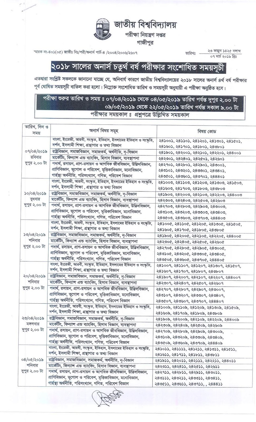 NU Honours 4th Year Exam Routine 2019 [Session 2014-15] - Resultmela.com