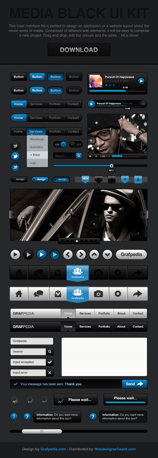 Media Black UI Kit - fully Photoshop layered PSD File - DesignInspiration