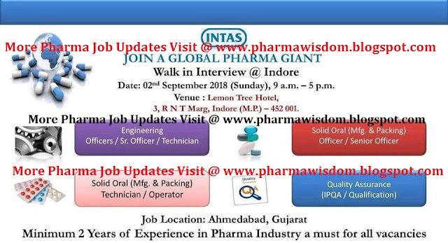 Intas Pharma - Walk-In Interview for Multiple Openings on 2nd September ...