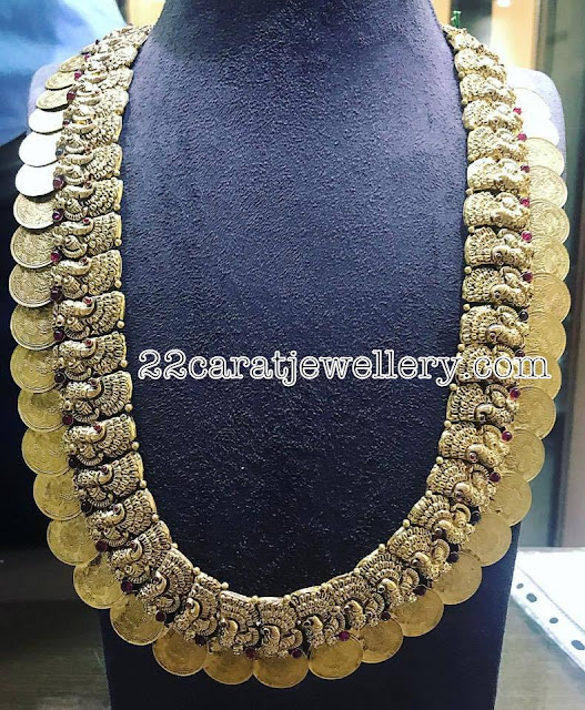 Heavy Kasu Mala with Antique Peacocks - Jewellery Designs