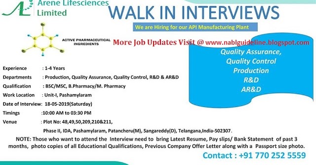 NABL GUIDELINES: Arene Lifesciences Ltd - Walk-In Interviews for QA / QC / Production / R&D / AR ...