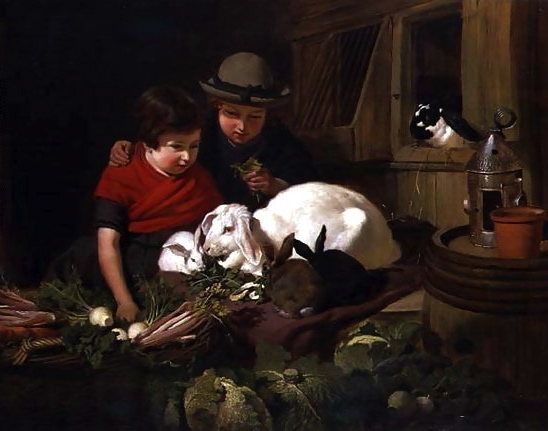 Children and Their Pet Rabbits ~ Antique Oil Paintings