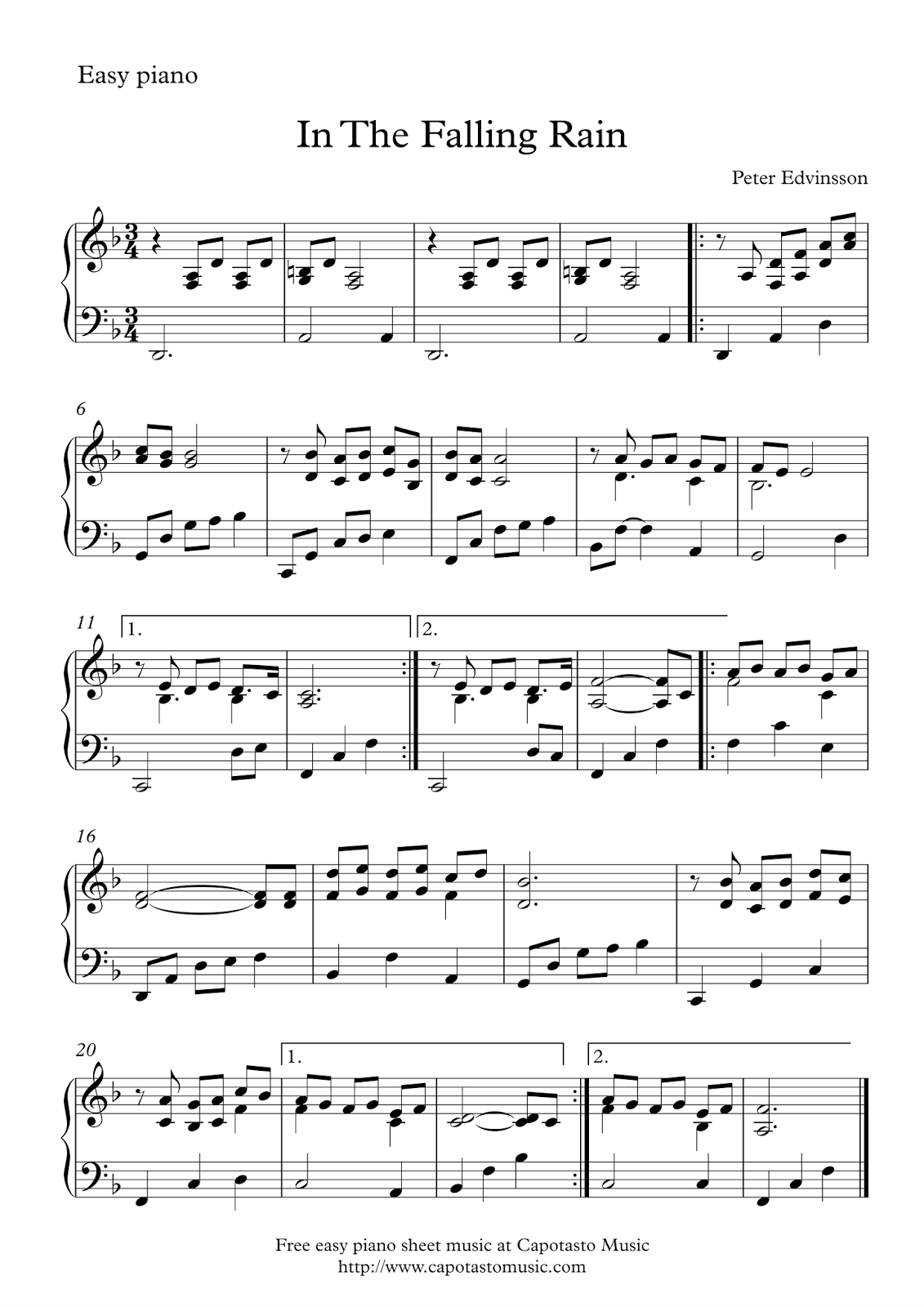 Free easy piano sheet music notes | In The Falling Rain by Peter Edvinsson