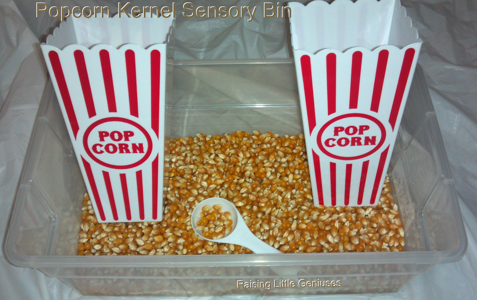 Raising Little Geniuses: Popcorn Kernel Sensory Bin