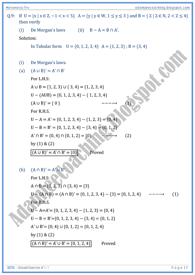 Adamjee Coaching: Sets - Exercise 1.1 - Mathematics 11th