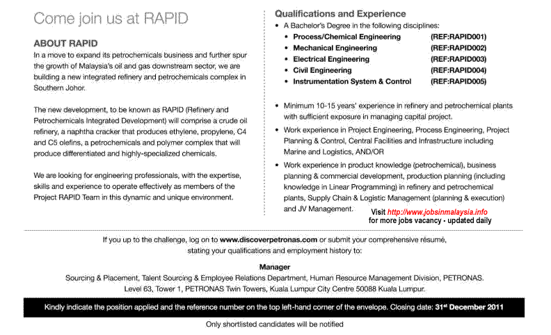 KERJA KOSONG PETRONAS 2012 JOBS VACANCY