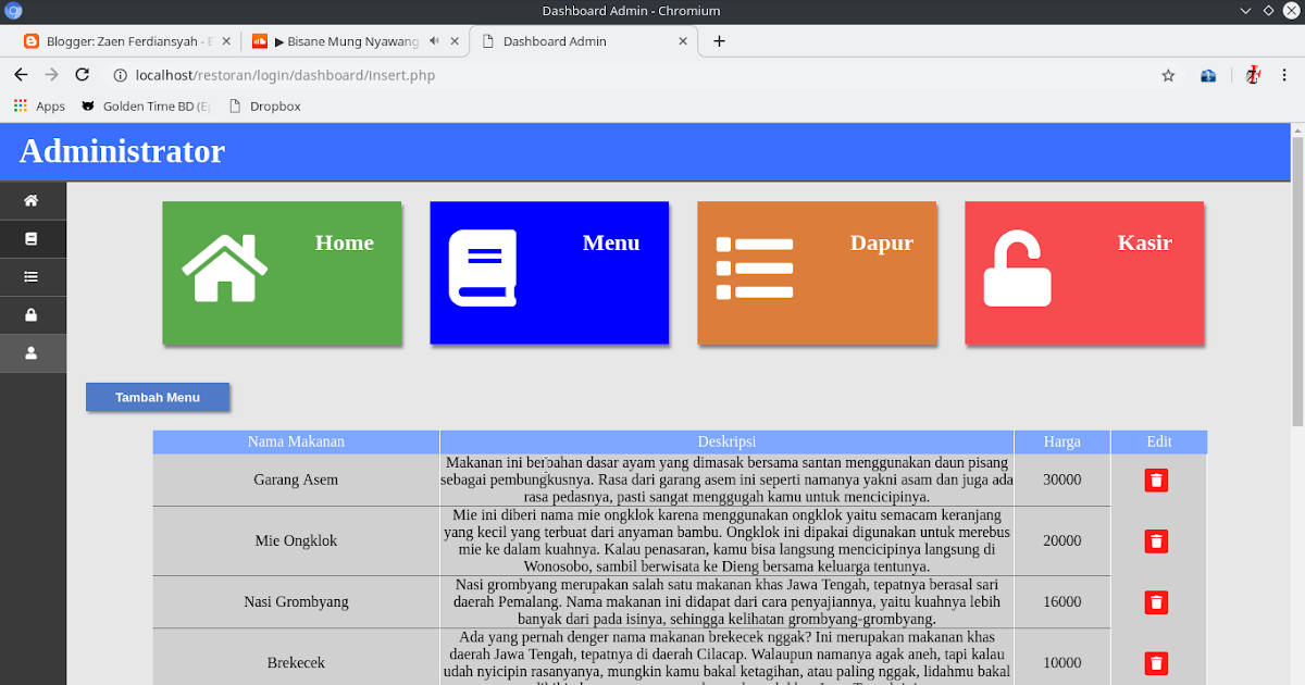 Membuat Dashboard Admin Aplikasi Restoran
