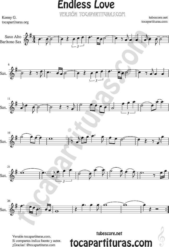 tubescore: Endless Love Sheet Music for Flute, Violin, Alto Sax, Trumpet, Guitar, Viola, Oboe ...