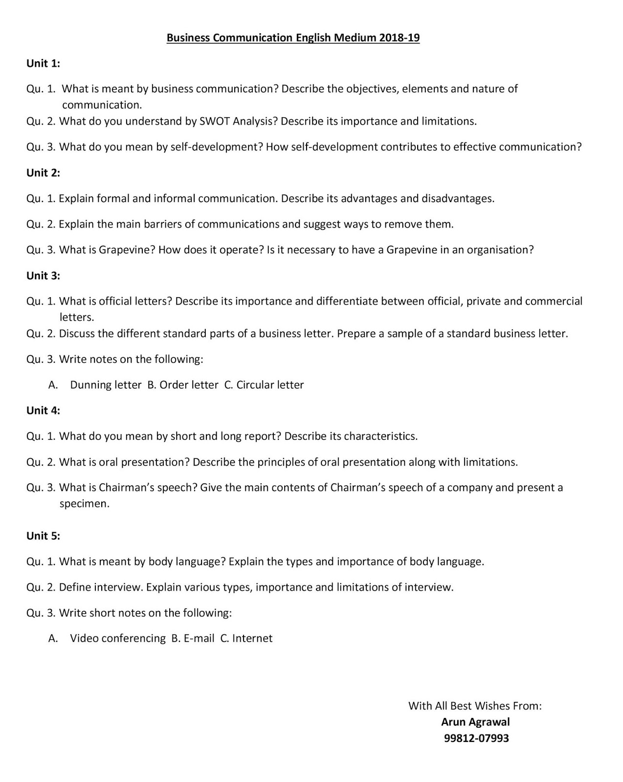 Guessing Questions B. Com. Part 1 English Medium