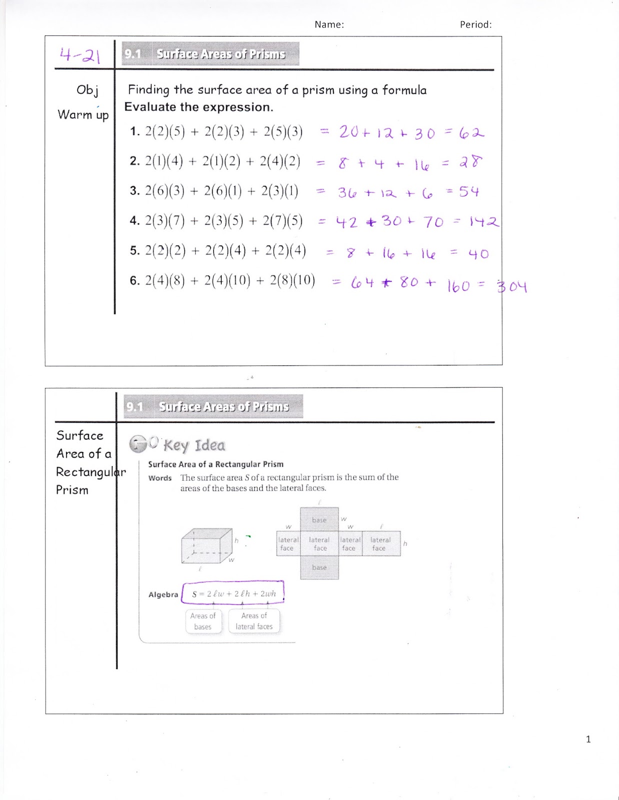 Ms. Jean's Classroom Blog: 9.1 Surface Area of Prisms