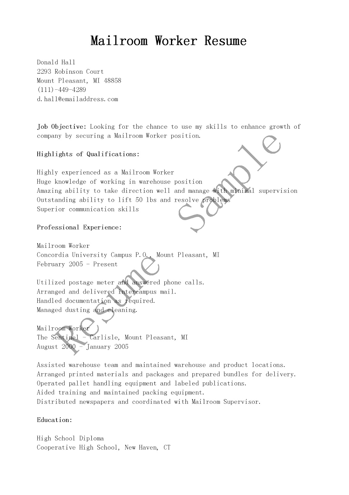 Resume Samples: Mailroom Worker Resume Sample
