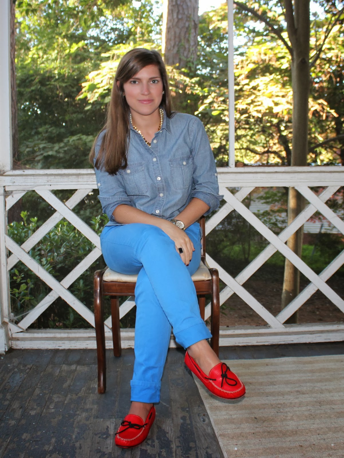Hand Me Down Style: red loafers and blue