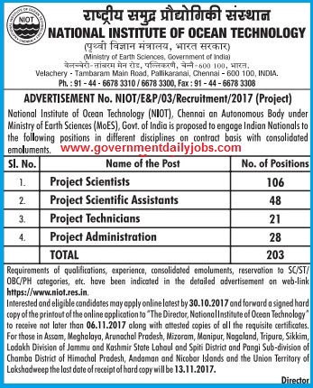 NIOT RECRUITMENT 2017 APPLY 203 SCIENTIST, ASSISTANT, TECHNICIAN POSTS