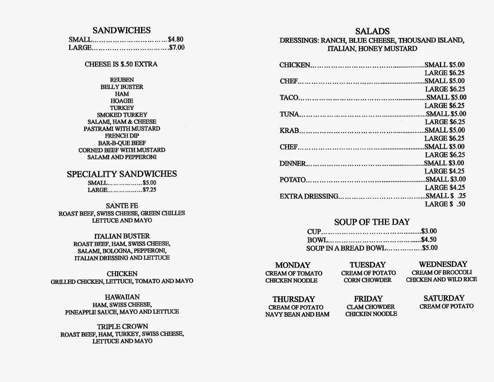 Belly Buster Sandwich Shop: Menu