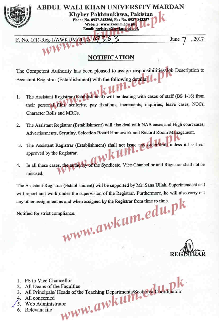 Abdul Wali Khan University Mardan: Notifications From Office of The ...