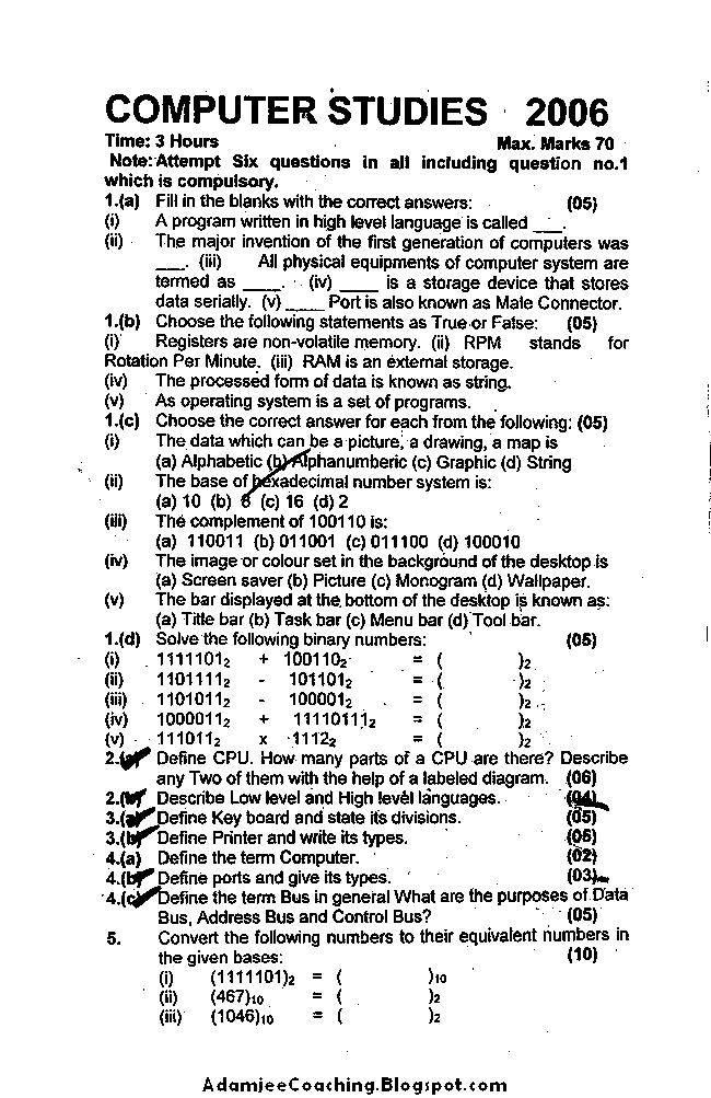 Adamjee Coaching: IX Computer Studies Past Year Paper - 2006