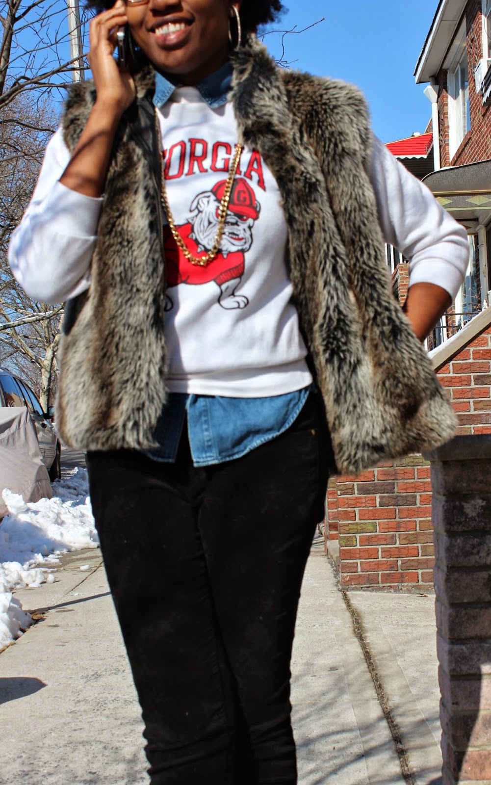 Thriftionary: Thrifted OOTD: Fur vest + Vintage Georgia Bulldogs sweatshirt