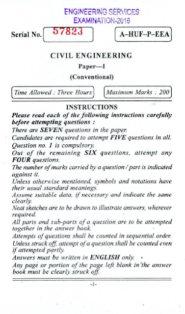 Engineering Services Exam Civil Engineering Paper I 2016 Question Paper ...