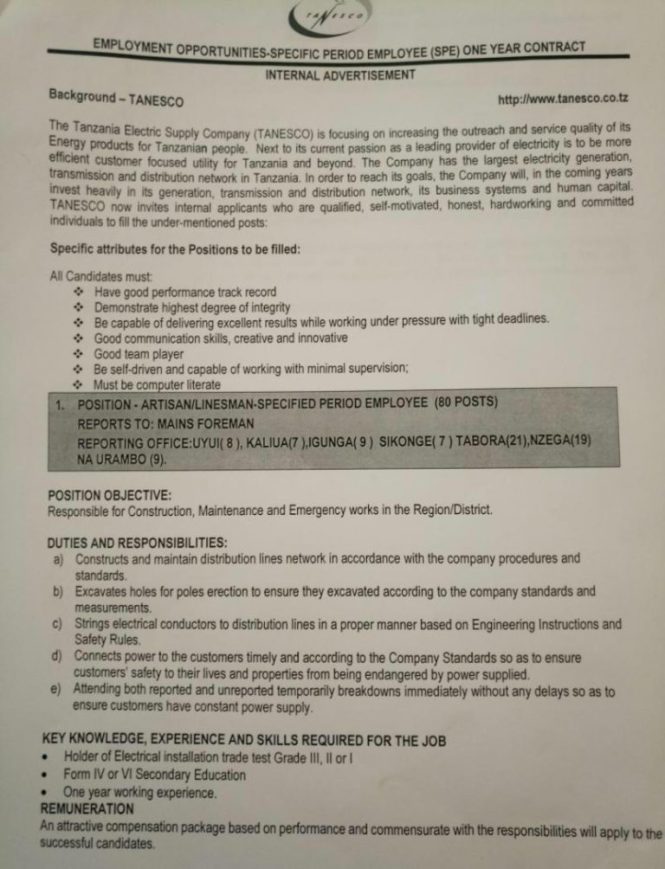 New 80 Jobs Opportunities At TANESCO TANZANIA