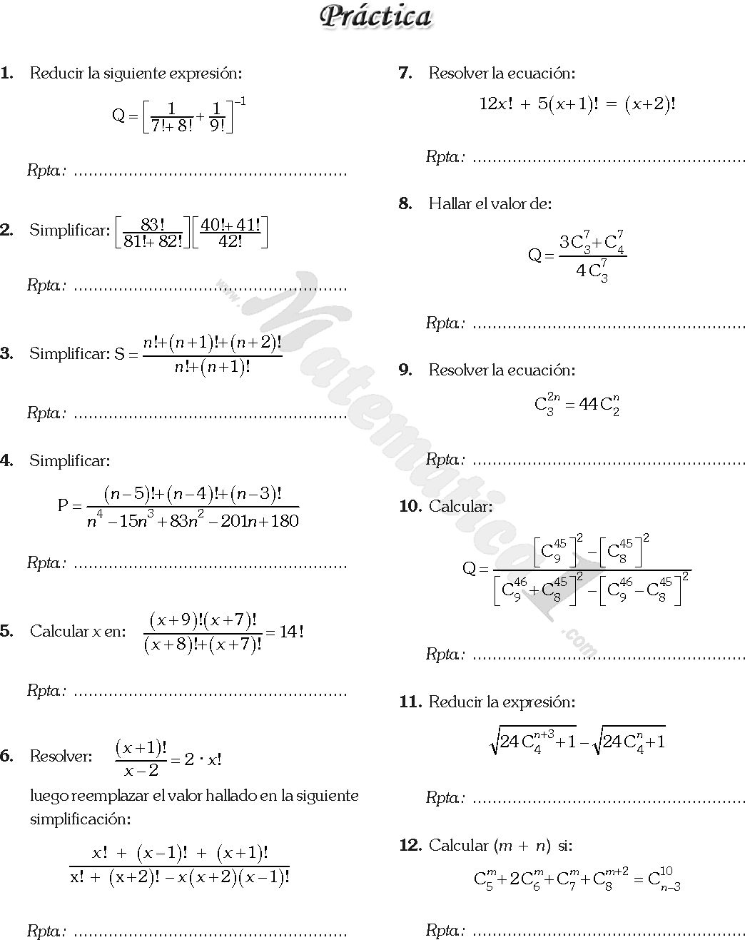 FACTORIAL DE UN NUMERO Y NUMERO COMBINATORIO EJERCICIOS RESUELTOS PDF