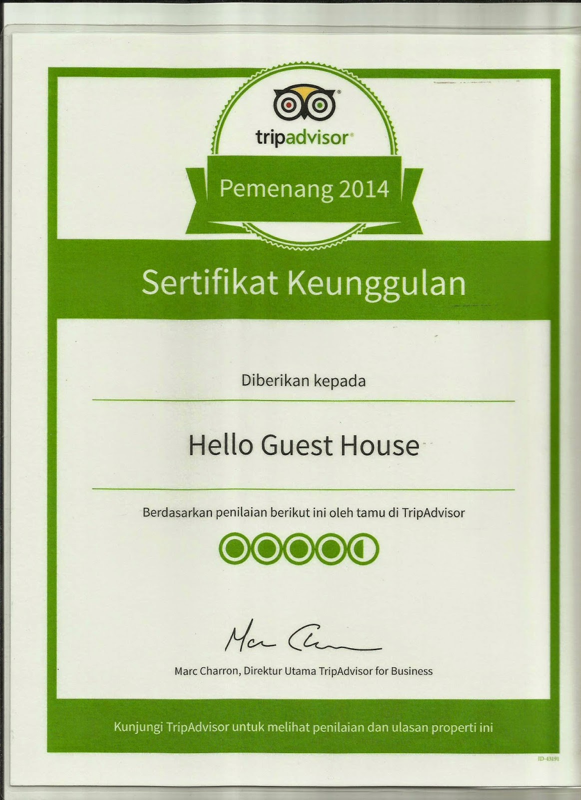 Hello Guest House Bukittinggi: Certificate Of Excellence 2014 and 2015 ...