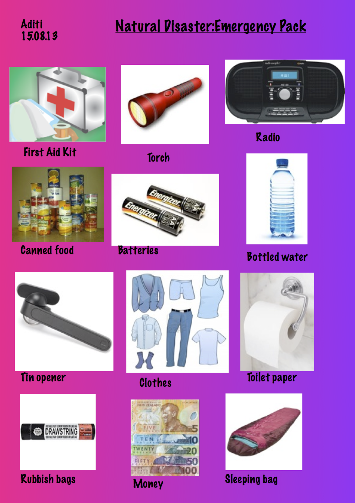 Room 15 PCS: Emergency Survival Kit and Natural Disaster symbols