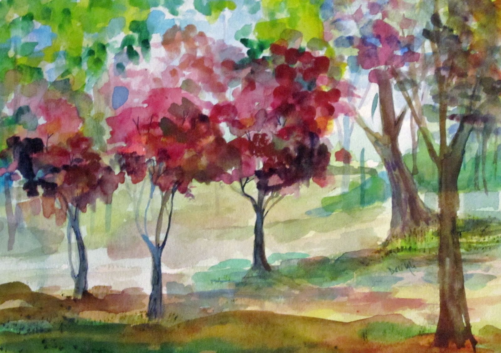 Pink Trees in the Spring watercolor
