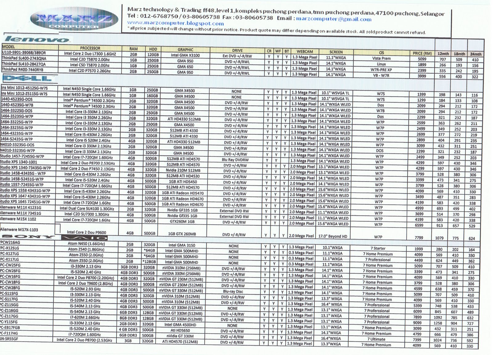 Marz Computer: Senarai Harga