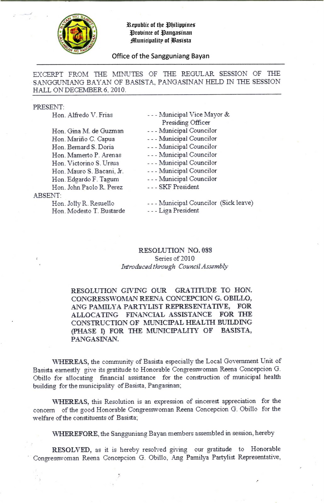 (1) Una Ang Pamilya Party List: Sangguniang Bayan Resolution of Basista ...