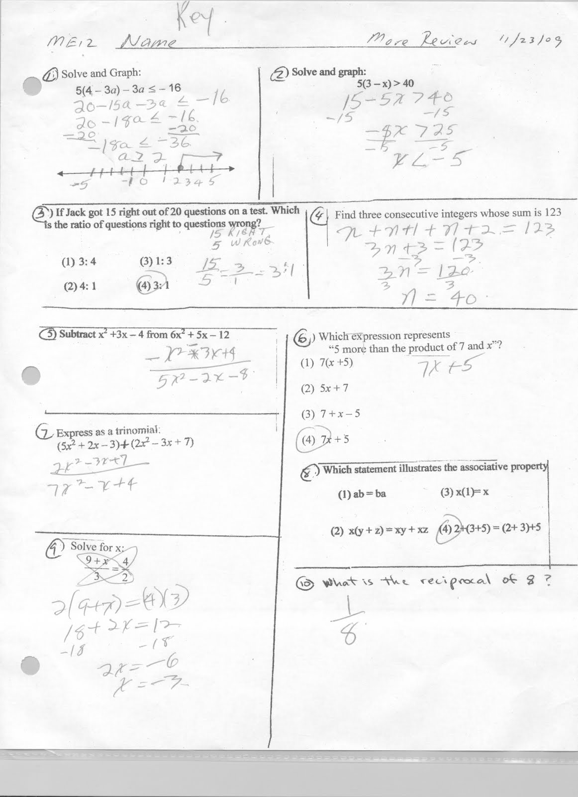 Mr. Napoli's Algebra: Quarterly Test Review #2